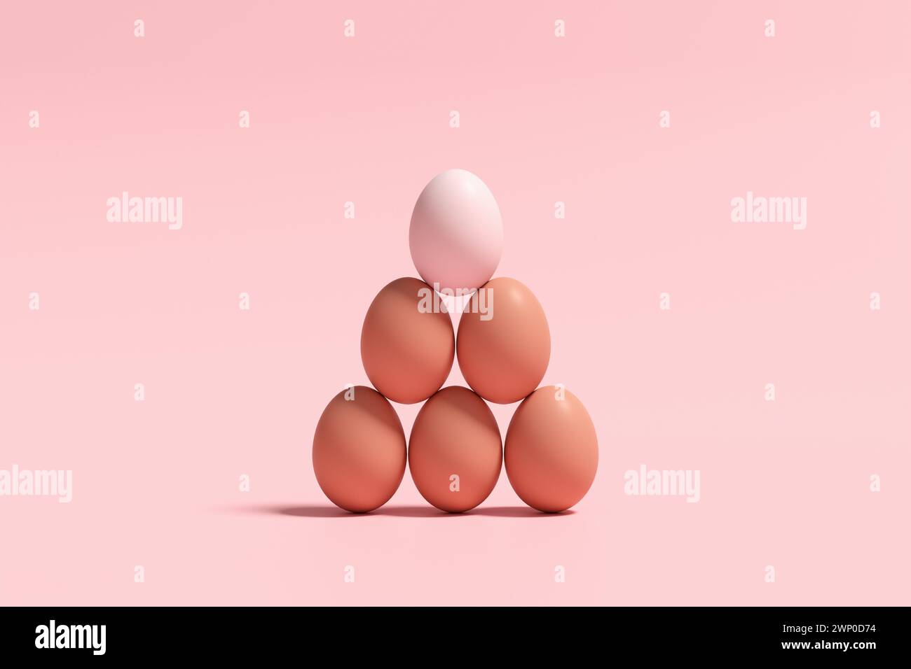 Pyramid of eggs against pink background. Leadership, corporate ...