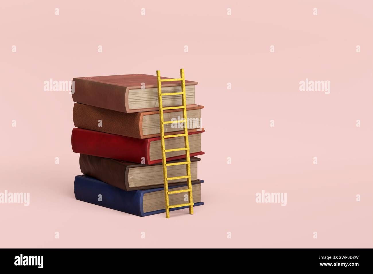 Wooden ladder leaning on a stack of vintage books on pink background ...