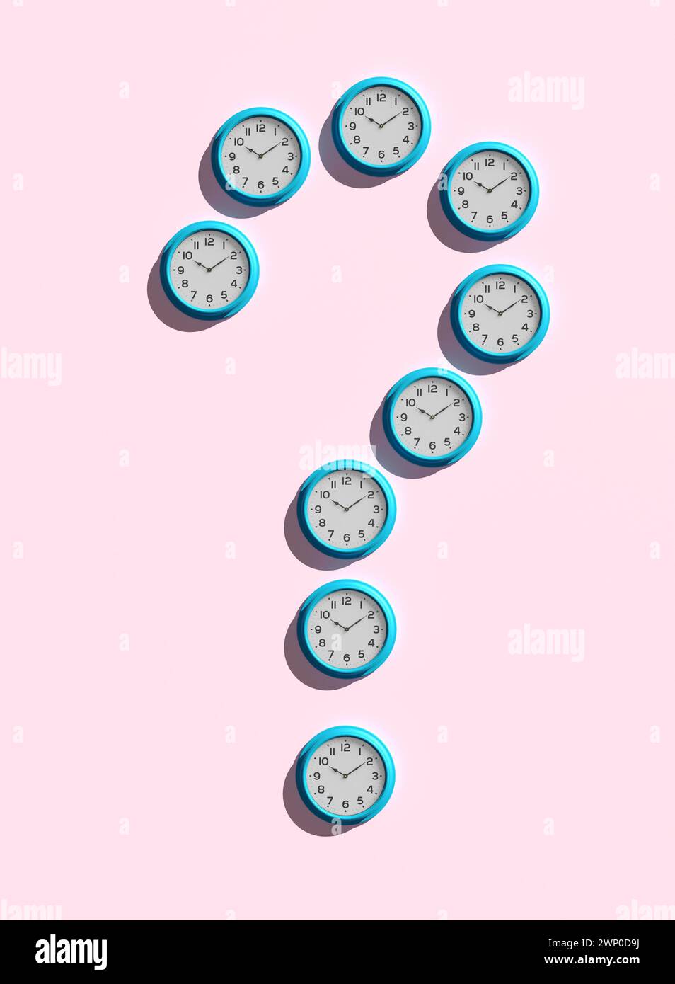 Wall clocks designed as question mark symbol on pink background ...