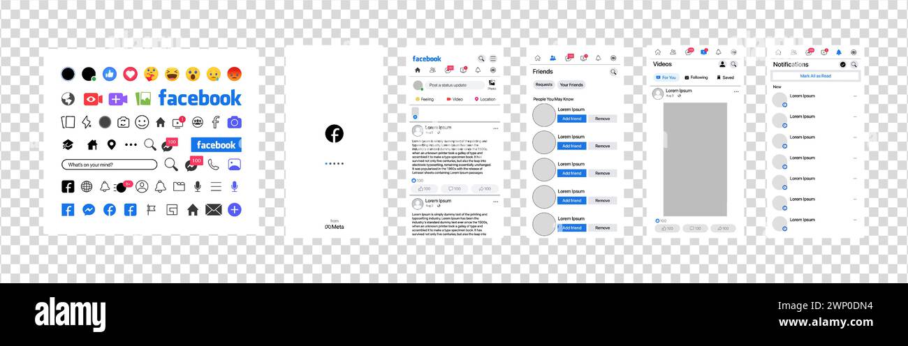 Facebook design. Set Facebook screen social media and social network interface template ...