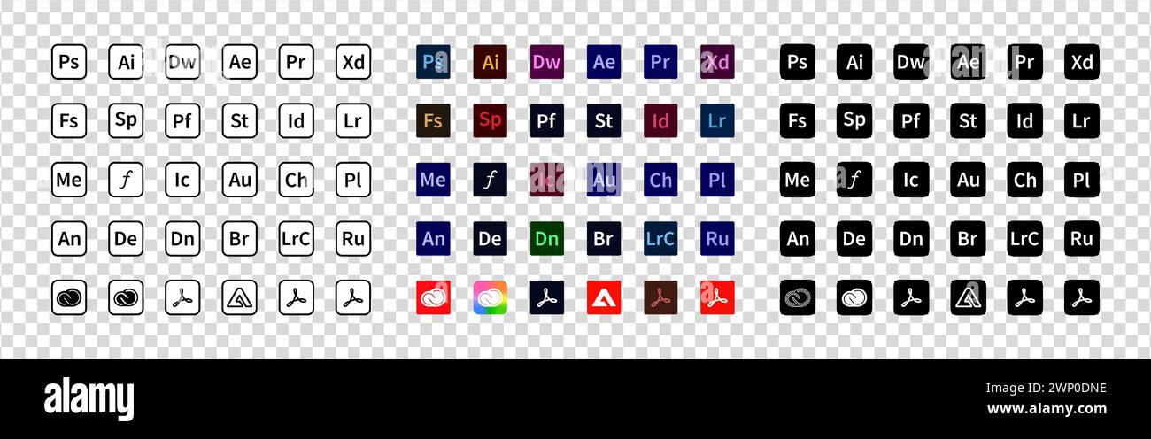 Adobe products. Logotype set of adobe apps: illustrator, photoshop ...