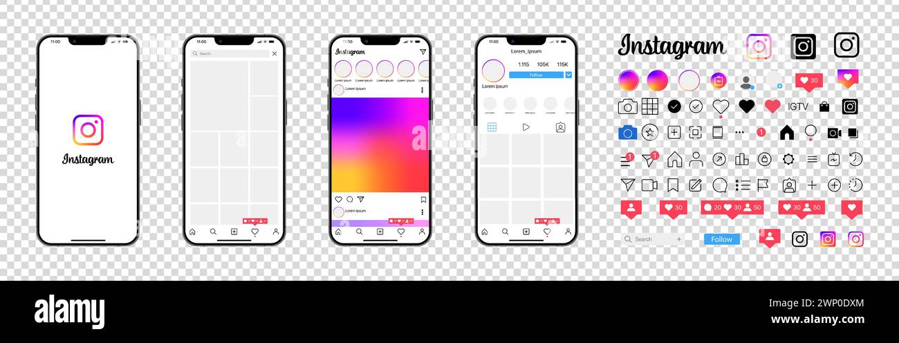 Instagram design. Set screen social media and network interface ...