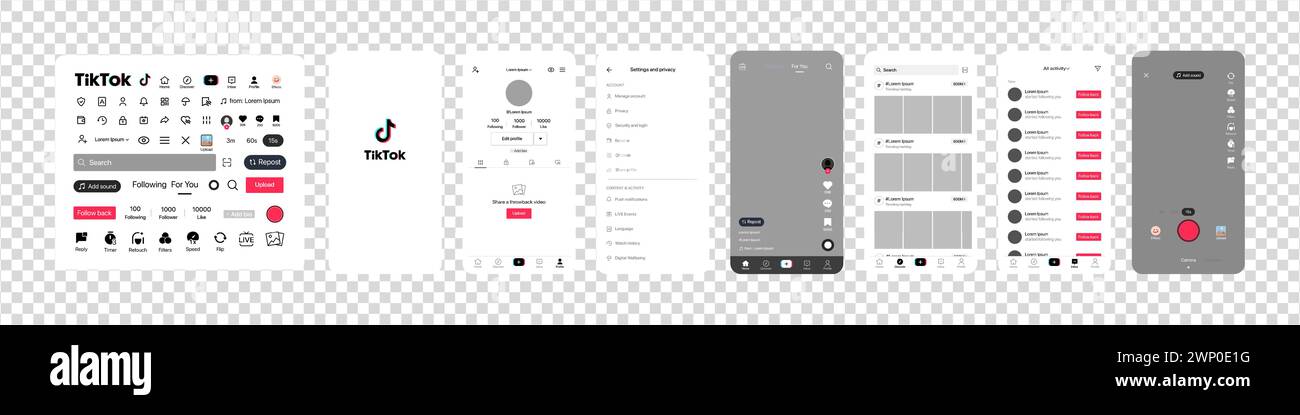 Tik Tok design. Set Tik Tok screen social media network interface ...