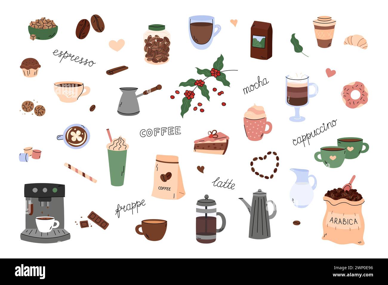 Coffee break vector doodles set. Morning coffee mug cappuccino ...