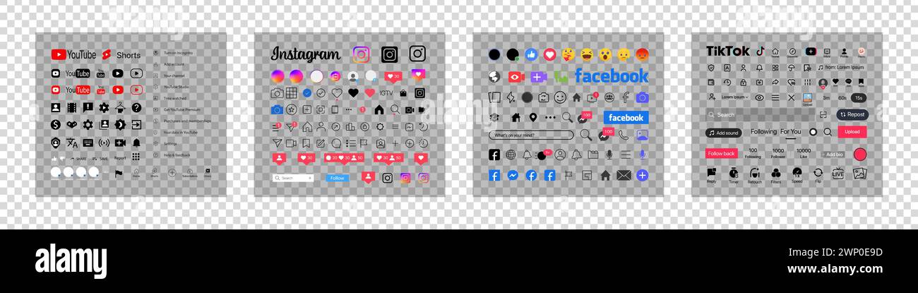 Instagram, Tik Tok, Facebook, YouTube button icon. Set screen social ...