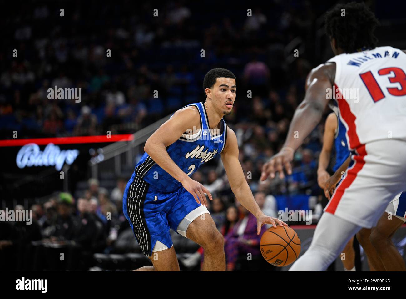 Orlando Magic guard Caleb Houstan (2) is defended by Detroit Pistons ...