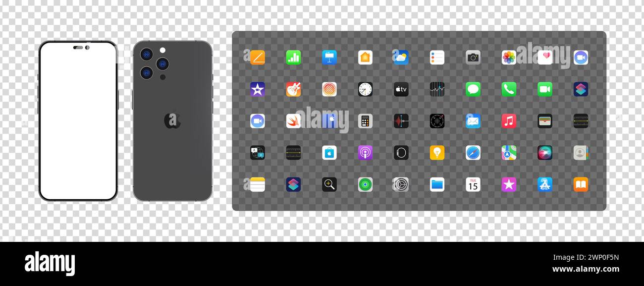 Apple iPhone 15. 14 pro, pro max model. Mockup front, back smartphones ...