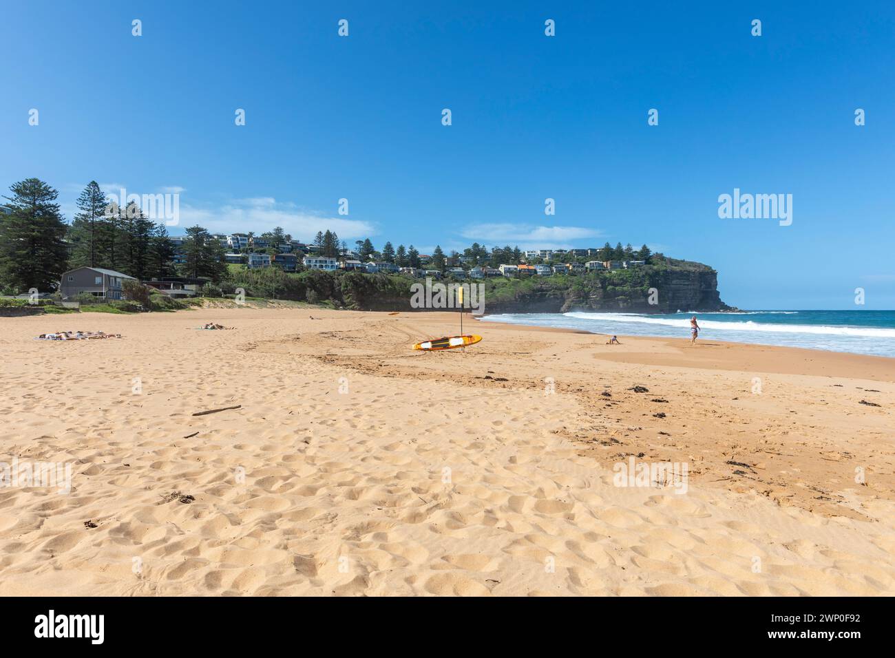 Bilgola Beach, one of Sydney's famous northern beaches, blue sky autumn ...