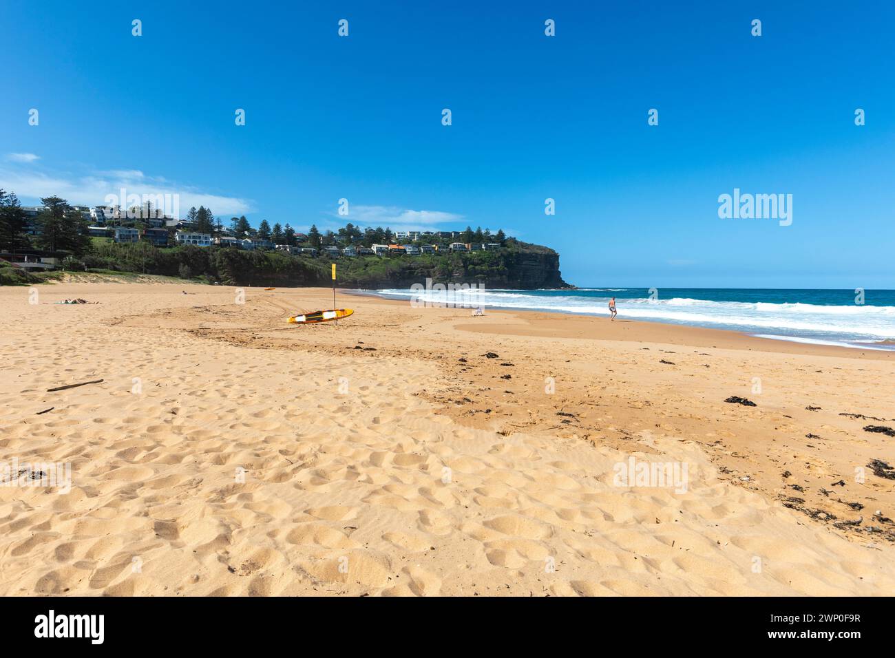 Bilgola Beach, one of Sydney's famous northern beaches, blue sky autumn ...
