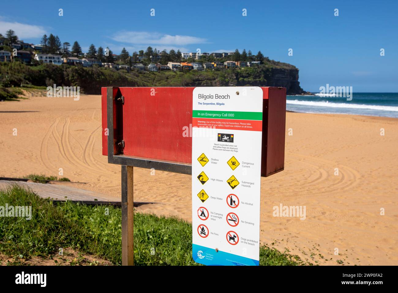 Bilgola Beach, one of Sydney's famous northern beaches, blue sky autumn ...