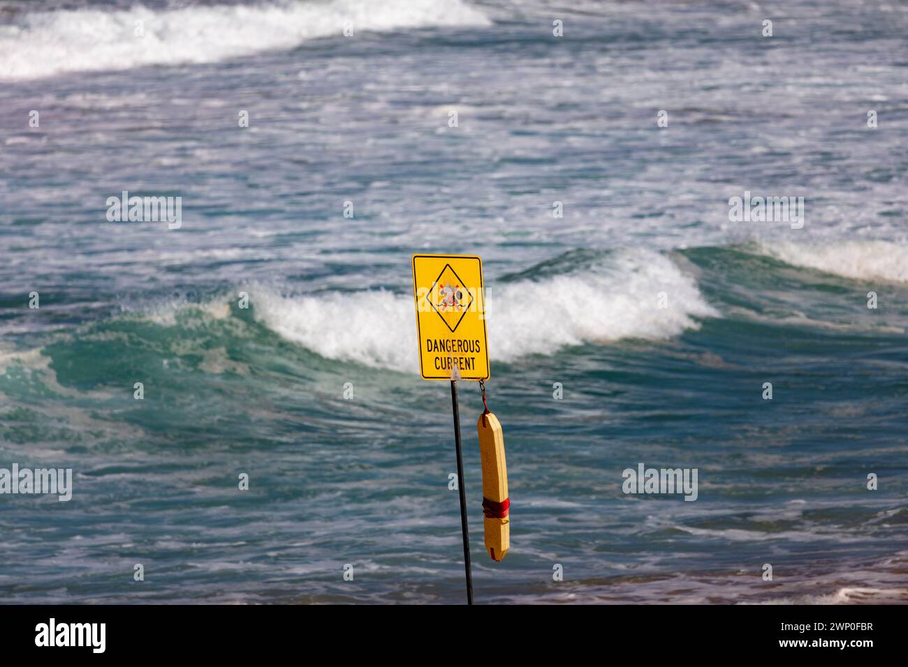 Dangerous current warning yellow sign on Narrabeen beach in Sydney,NSW ...