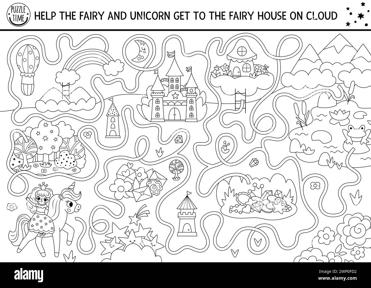 Unicorn black and white maze for kids with fantasy country map, castle ...