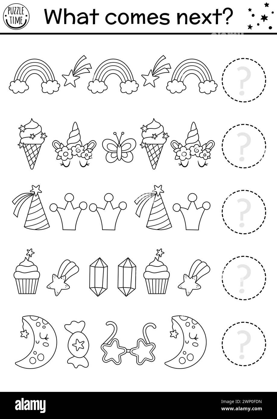 What comes next. Unicorn black and white matching activity for ...