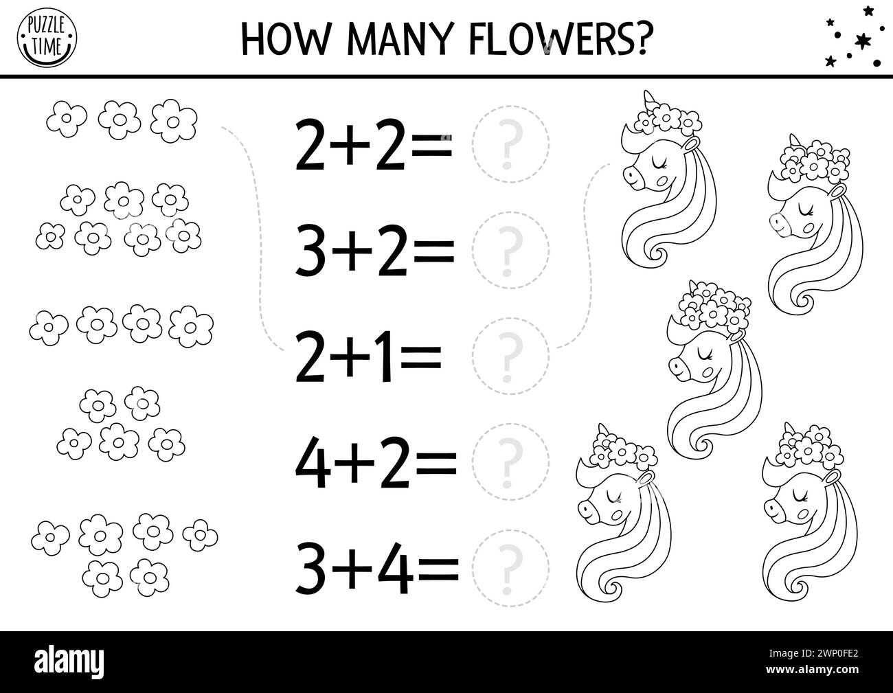 Black and white how many flowers game with cute unicorn head. Magic ...