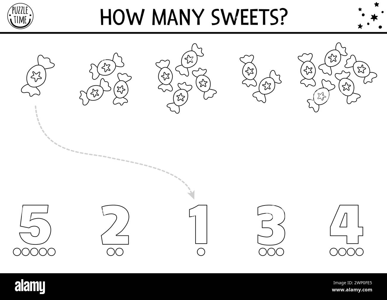 Black and white match the numbers unicorn game with sweets. Magic ...