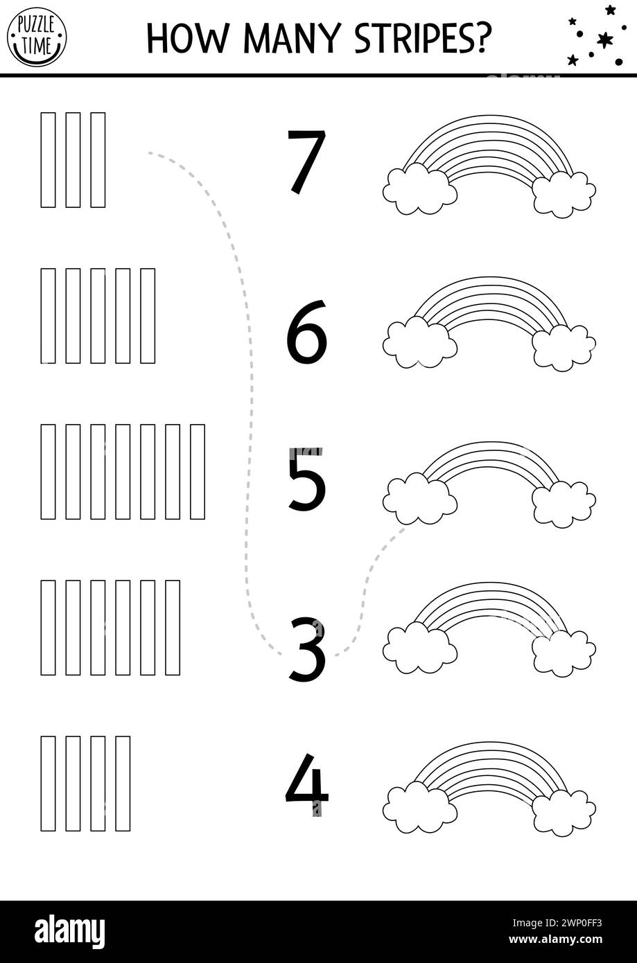 Black and white match the numbers unicorn game with rainbow, clouds ...