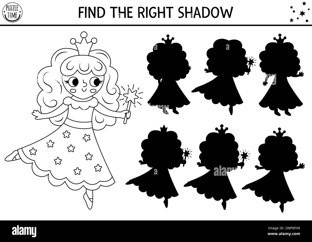 Shadow matching black and white activity with little fairy. Magic world ...