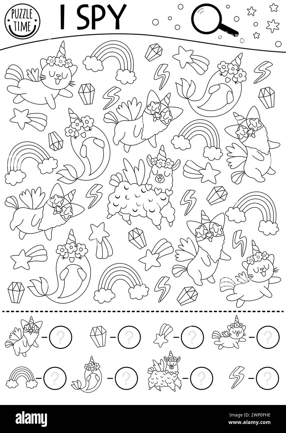 Unicorn black and white I spy game for kids. Searching and counting ...