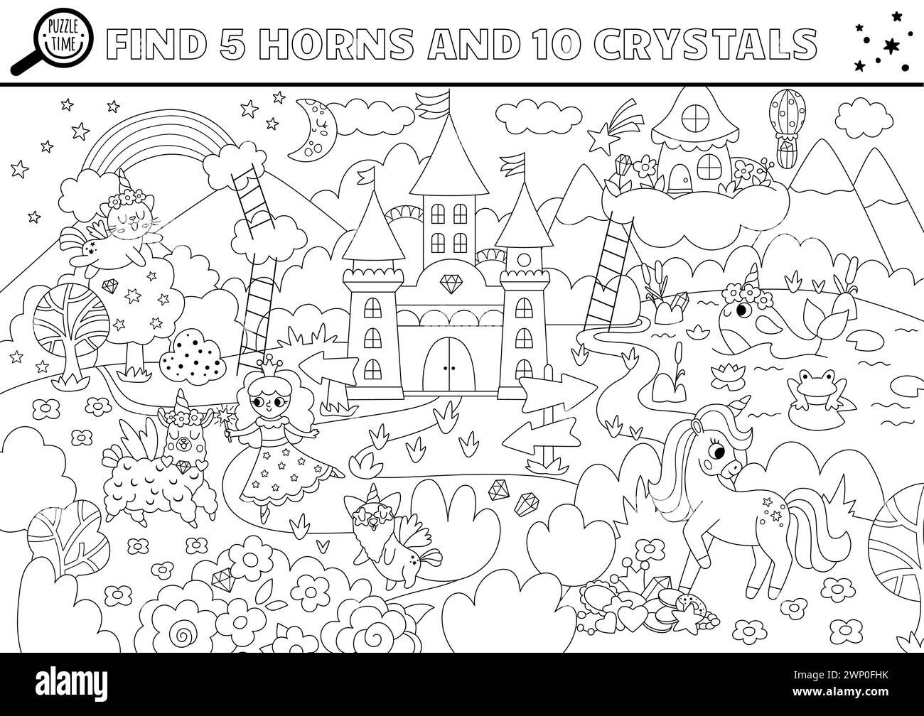 Vector black and white unicorn searching game with magic village ...