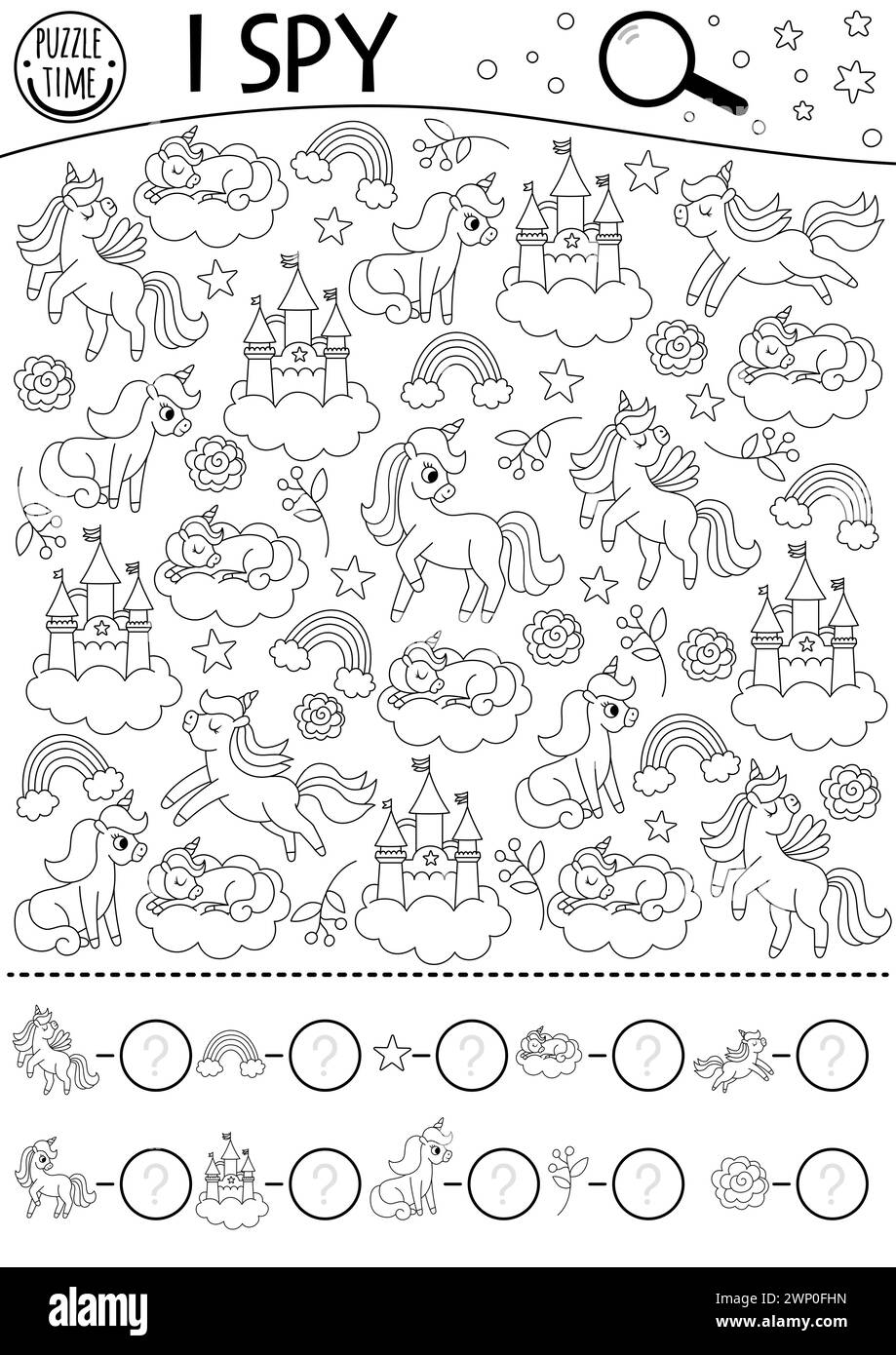 Unicorn black and white I spy game for kids. Searching and counting ...