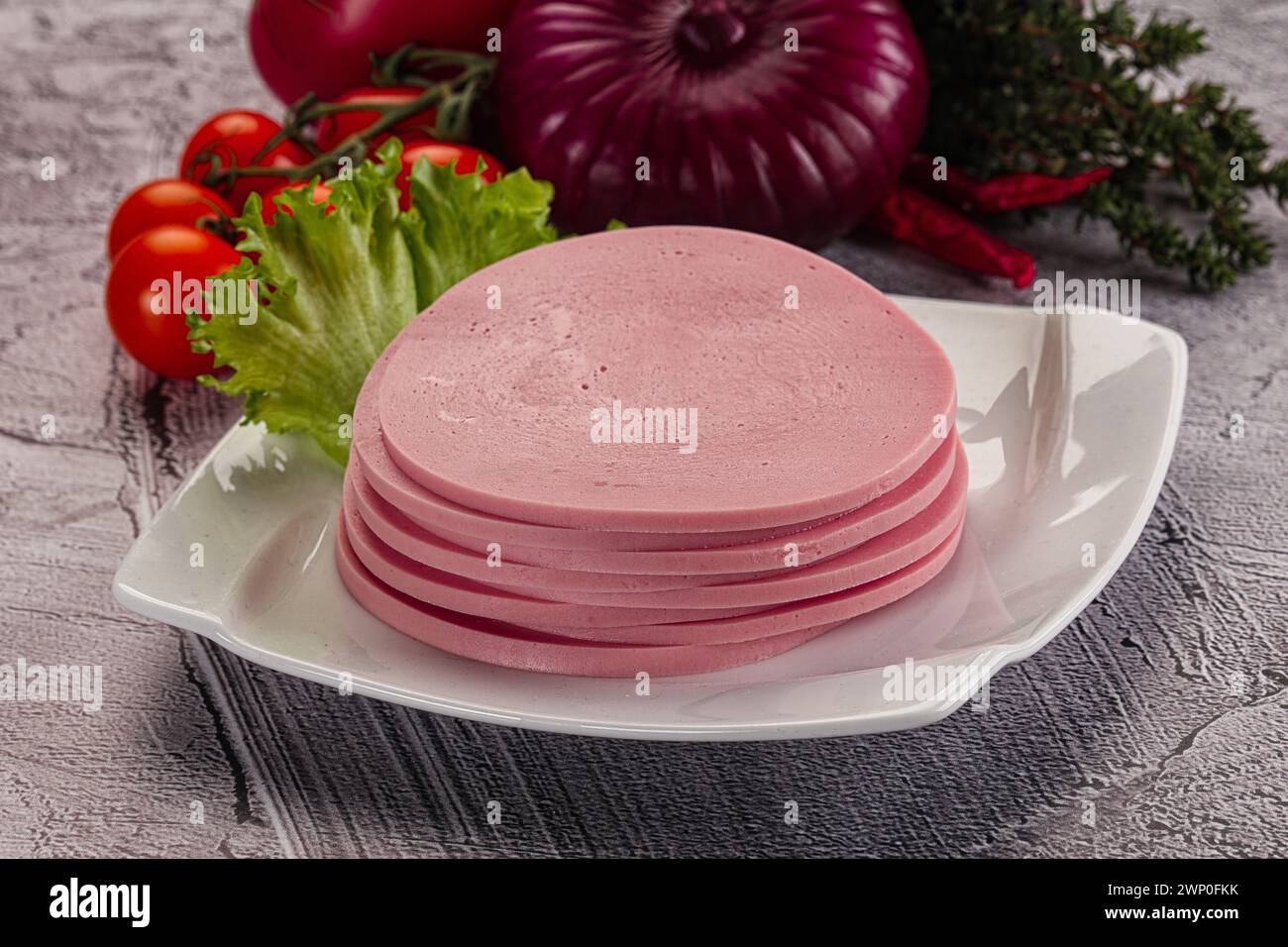 Boiled pork sliced sausage stack for breakfast Stock Photo - Alamy