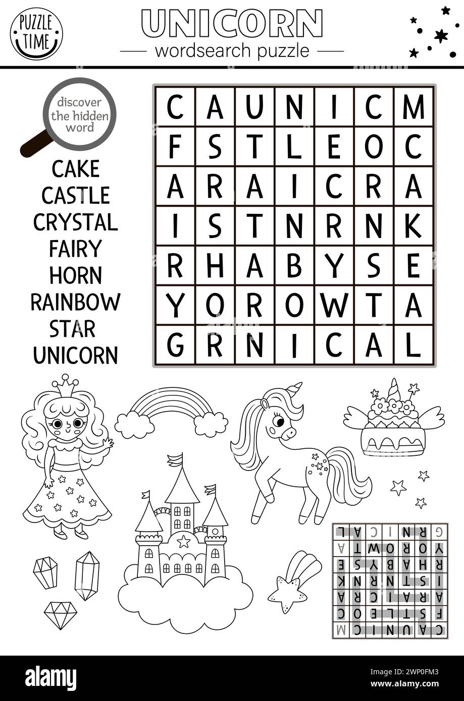 Vector black and white unicorn wordsearch puzzle for kids. Magic word ...