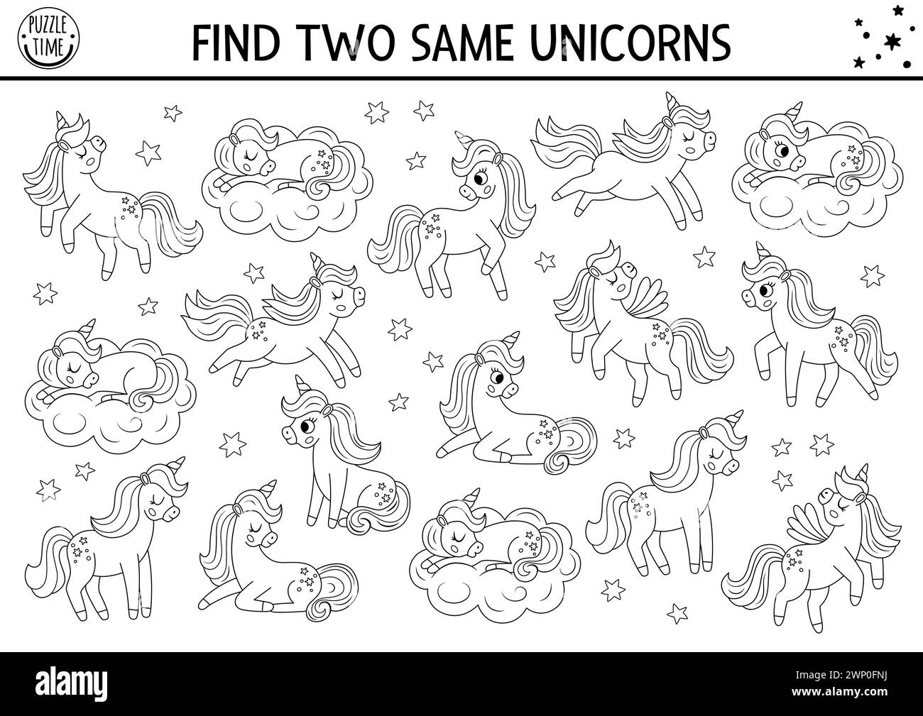 Find two same unicorns coloring page. Magic world matching activity for ...