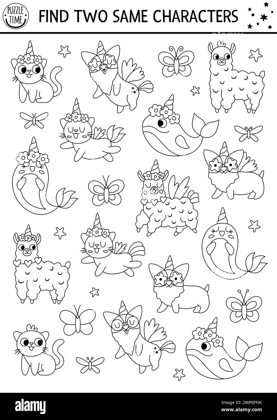 Find two same unicorn animals. Magic world black and white matching ...