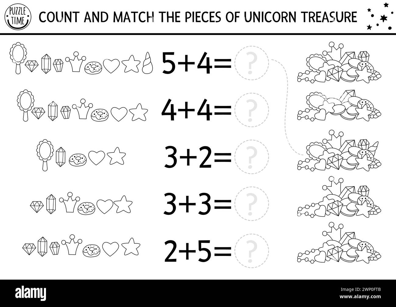 Mathematic black and white game with cute unicorn treasures. Magic ...