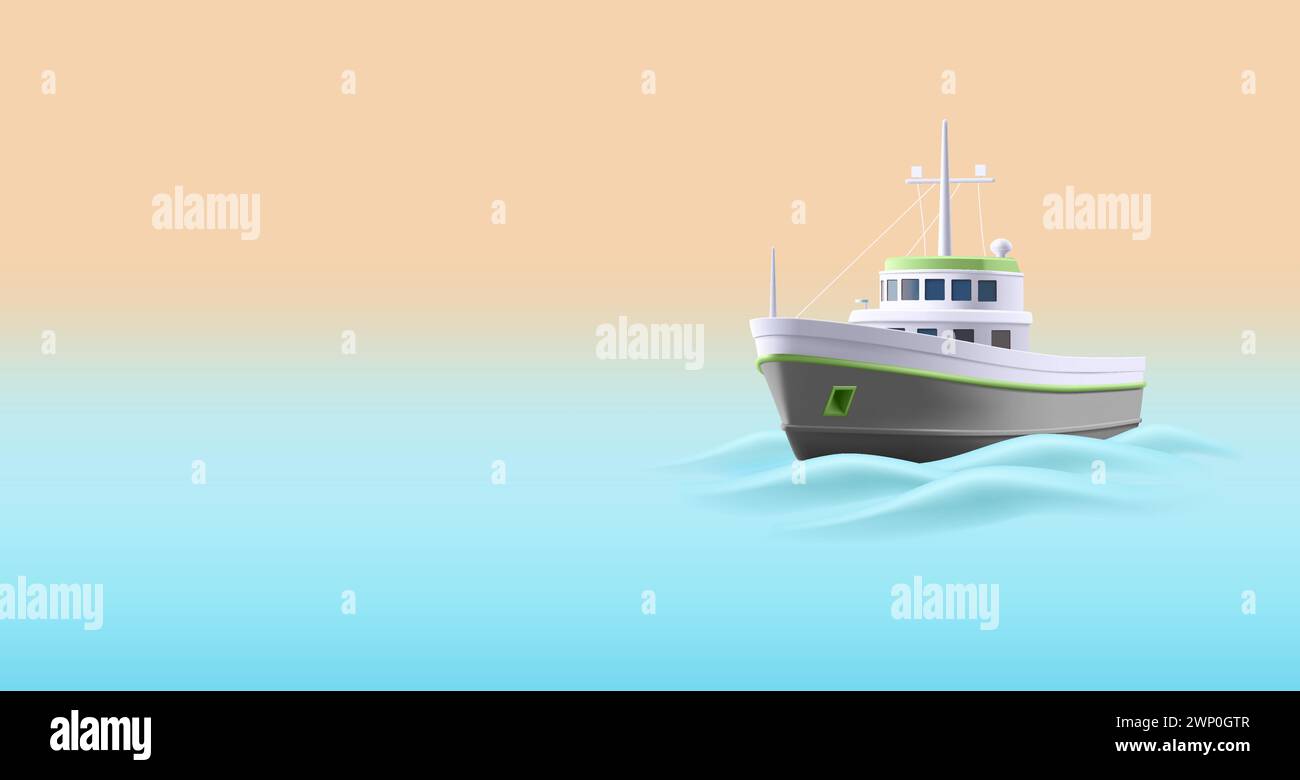 3d realistic fishing boat cartoon style landscape, ship in the sea or ...