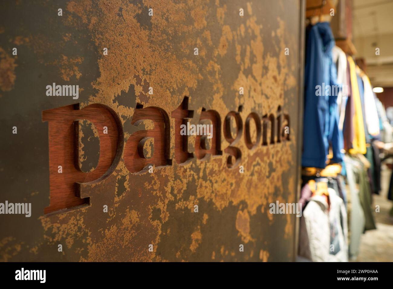 HONG KONG, CHINA - DECEMBER 04, 2023: close up shot of Patagonia sign ...
