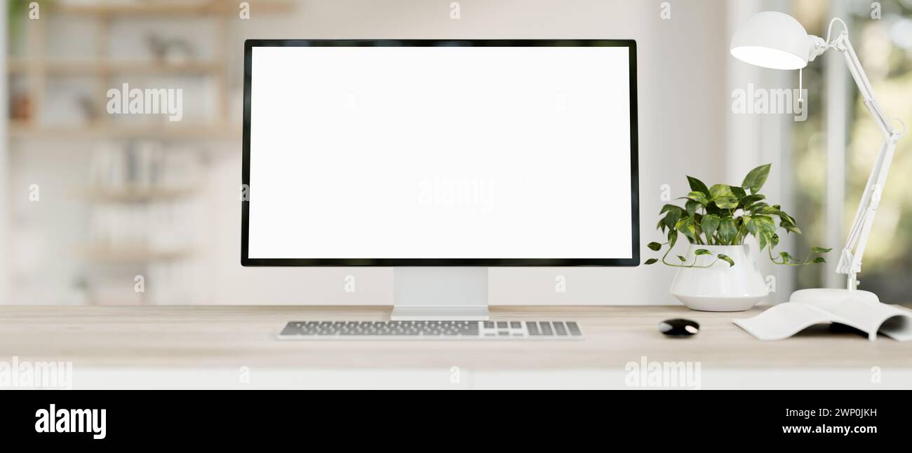 A computer desk in a modern, minimal white home office features a PC ...