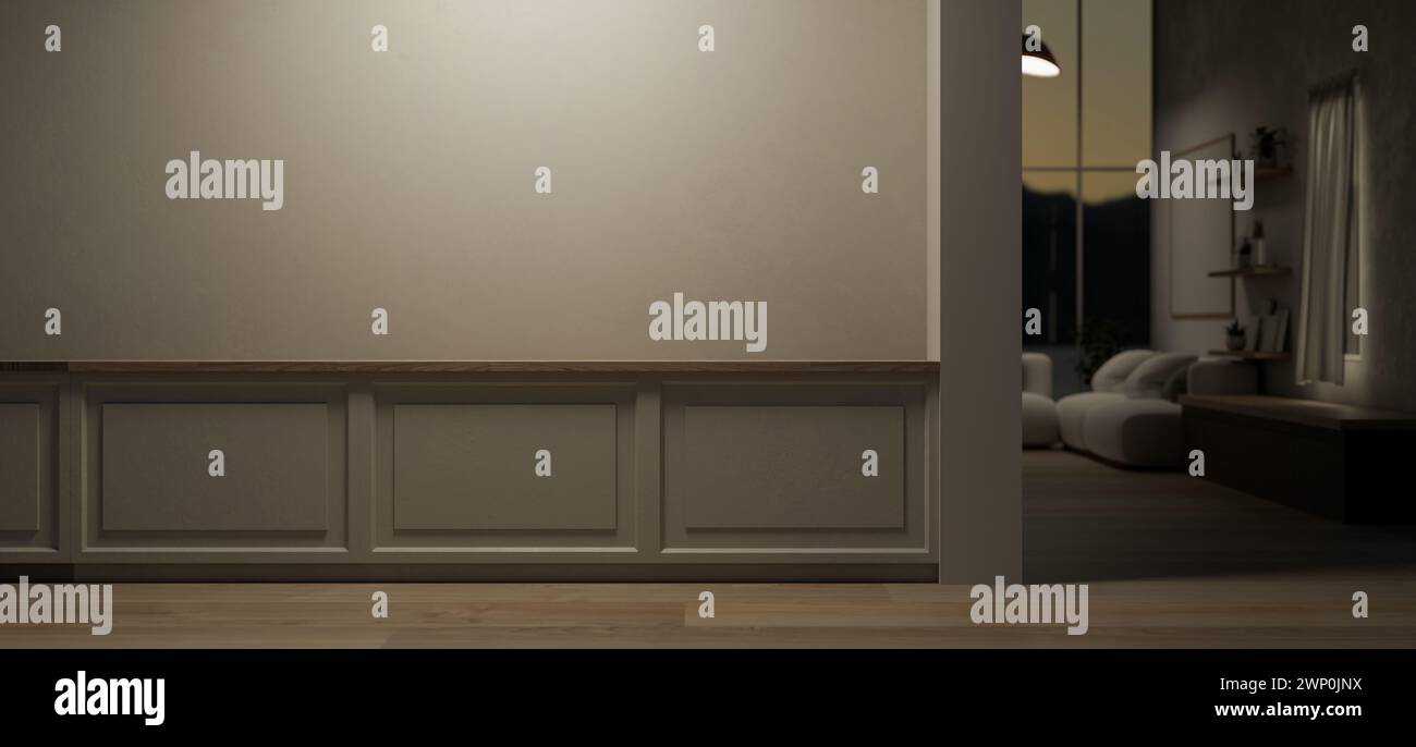 The interior design of a contemporary home hallway corridor at night ...