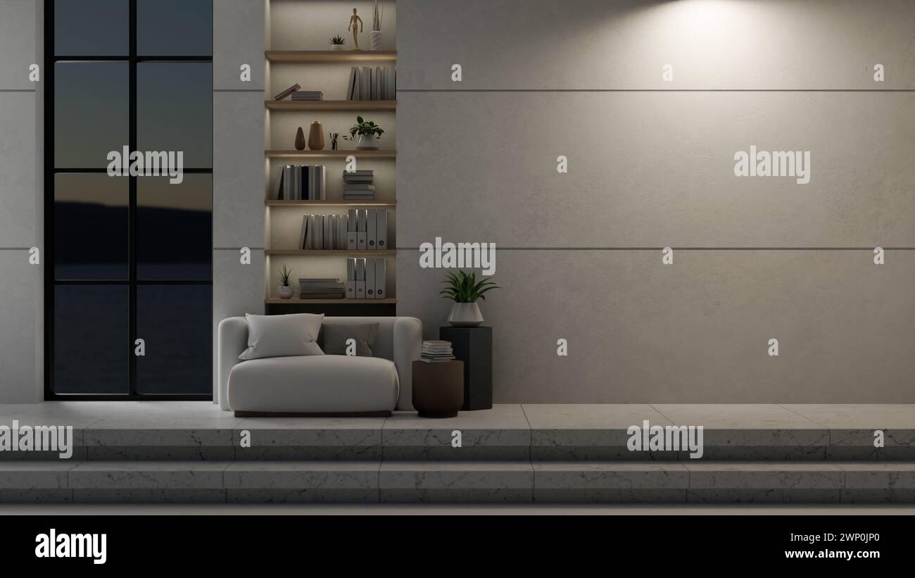 The interior design of a contemporary home corridor hallway at night ...