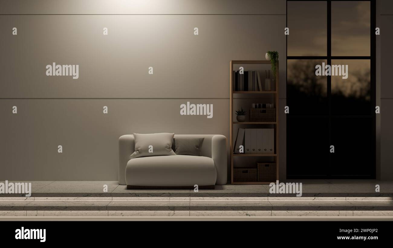 The interior design of a contemporary home corridor hallway at night ...