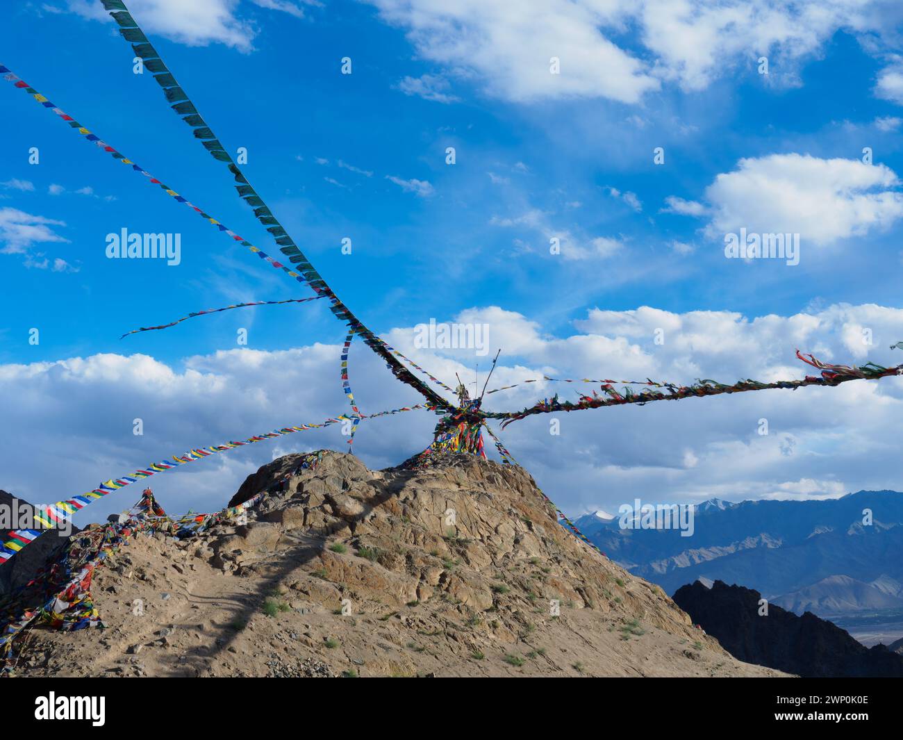 Prayer Flags strung to the next hill at Leh Palace, India Stock Photo ...