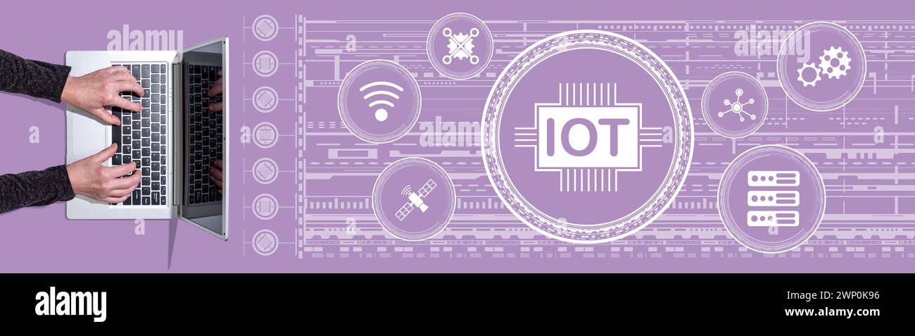 Top view of hands using laptop with symbol of iot concept Stock Photo ...