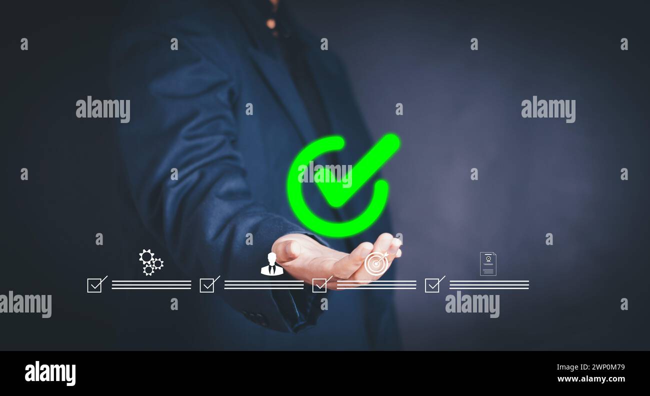 Quality control, Quality Assurance of Products and services. Hand shows ...