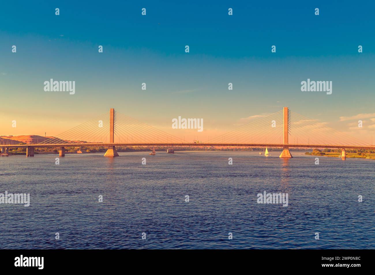 Bridge over the Nile River in Aswan. Magnificent view of the Nile at ...