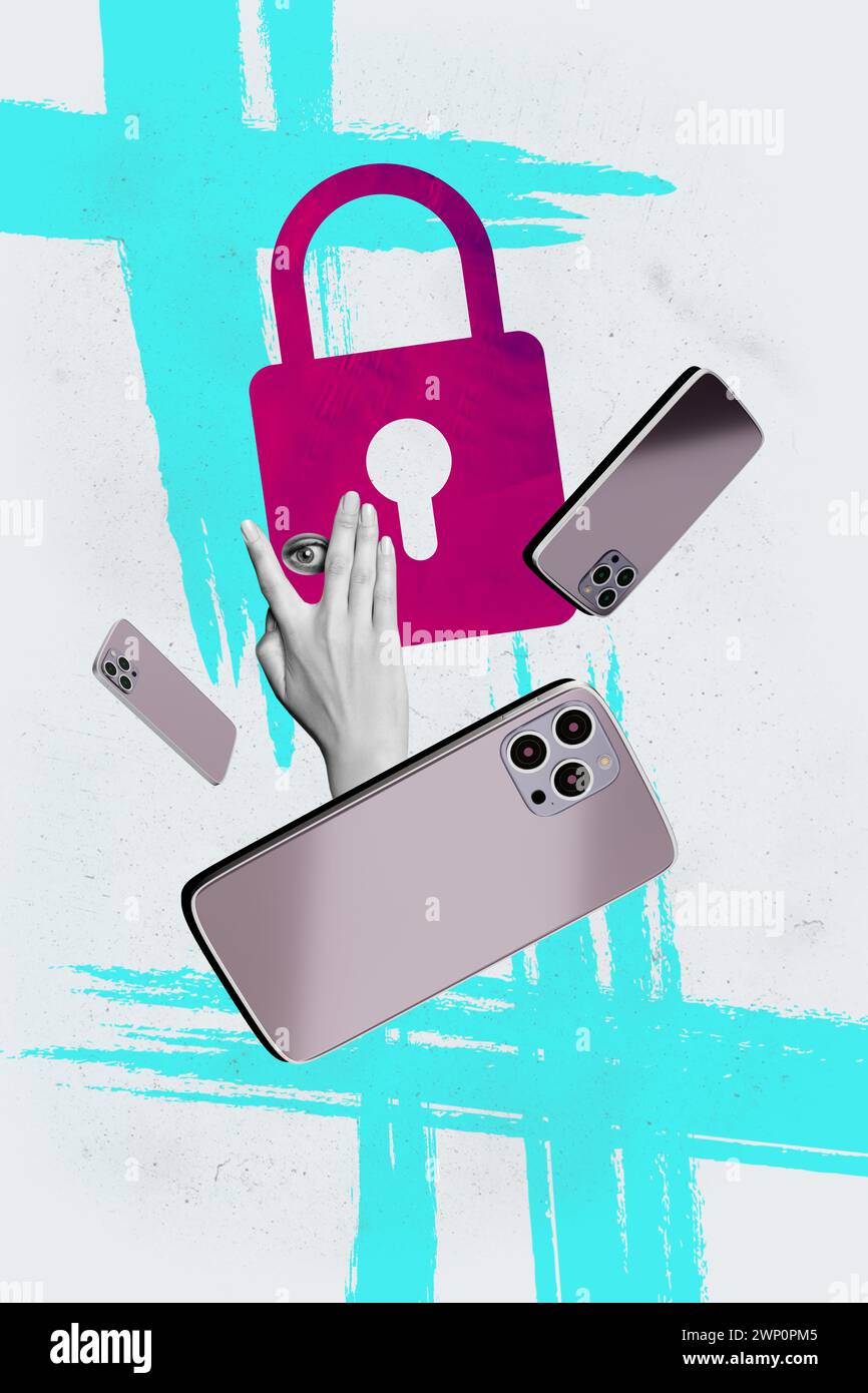 Vertical collage picture of young woman hiding eye lock screen in ...