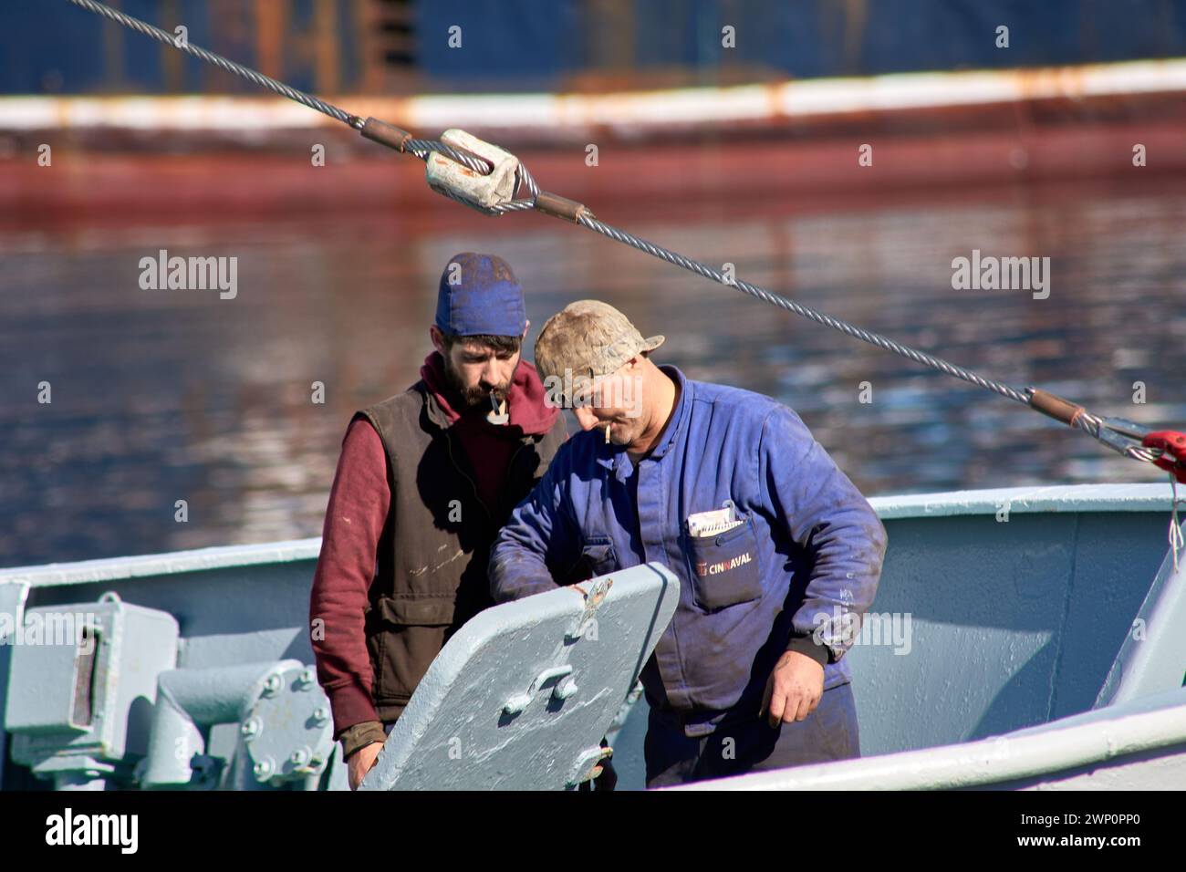 Vigo,Pontevedra, Spain; October,22,2021; Metal workers fixing a ship ...