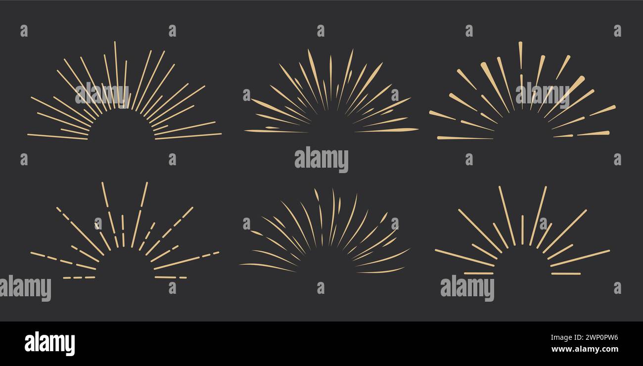 Golden sun burst beam line minimal sunrise decoration isolated on dark ...