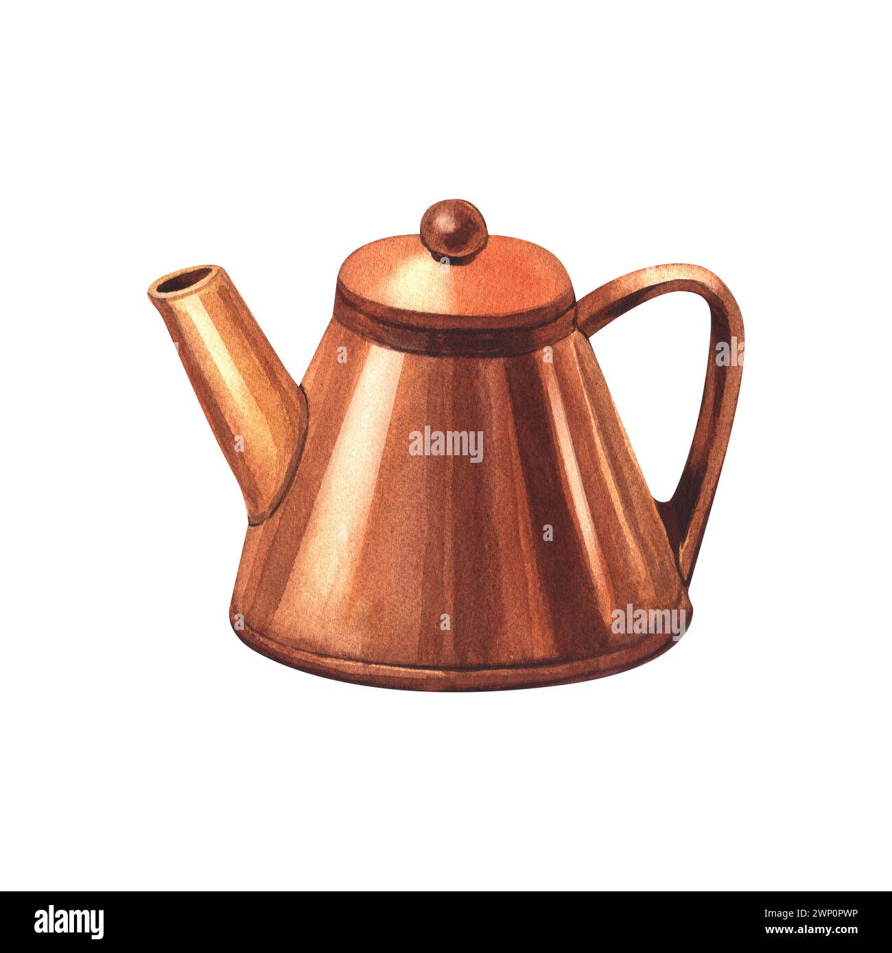 Copper red pot for tea and coffee. Watercolor hand-drawn illustration ...