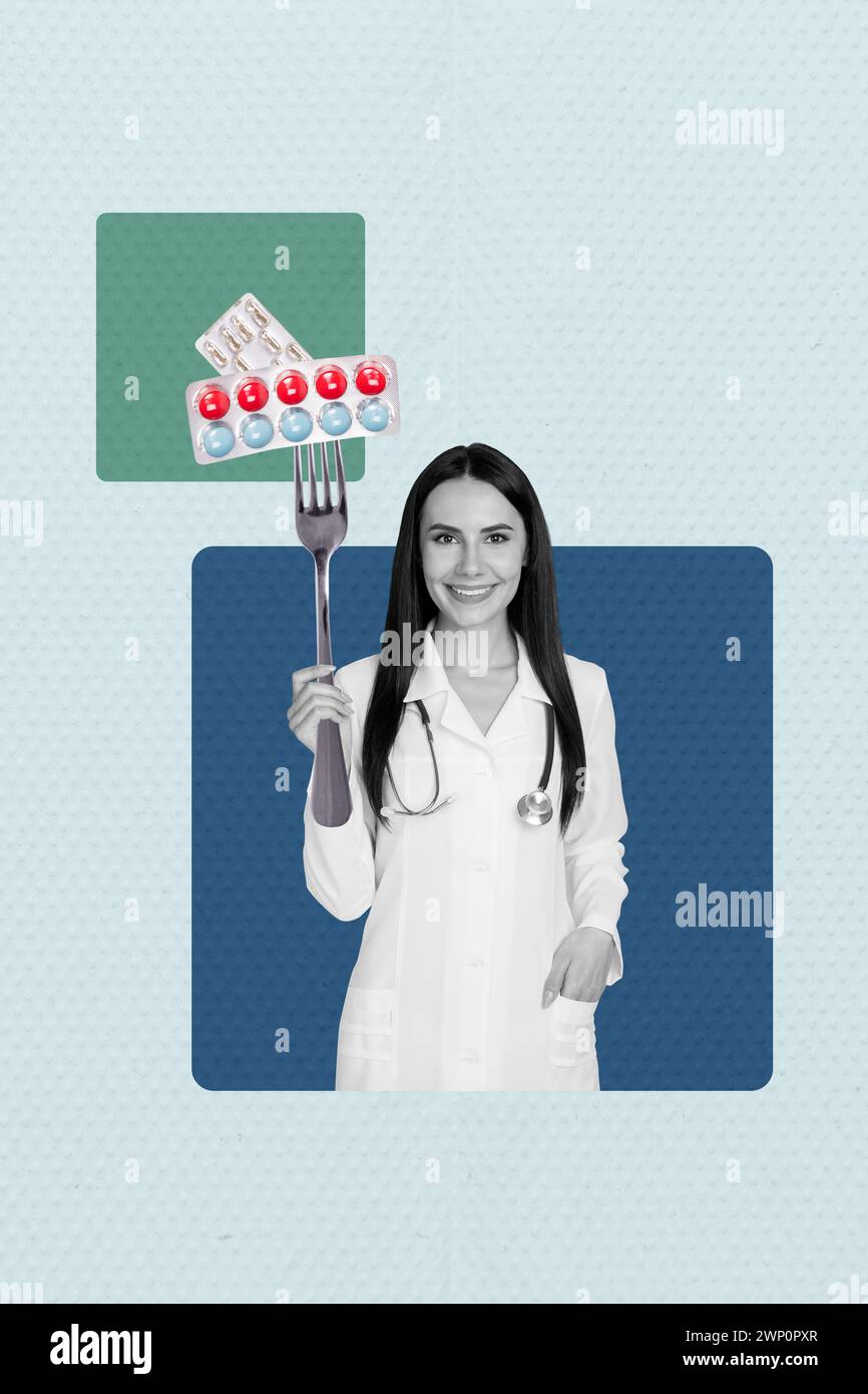 Vertical creative collage image of female doctor hold fork pills ...