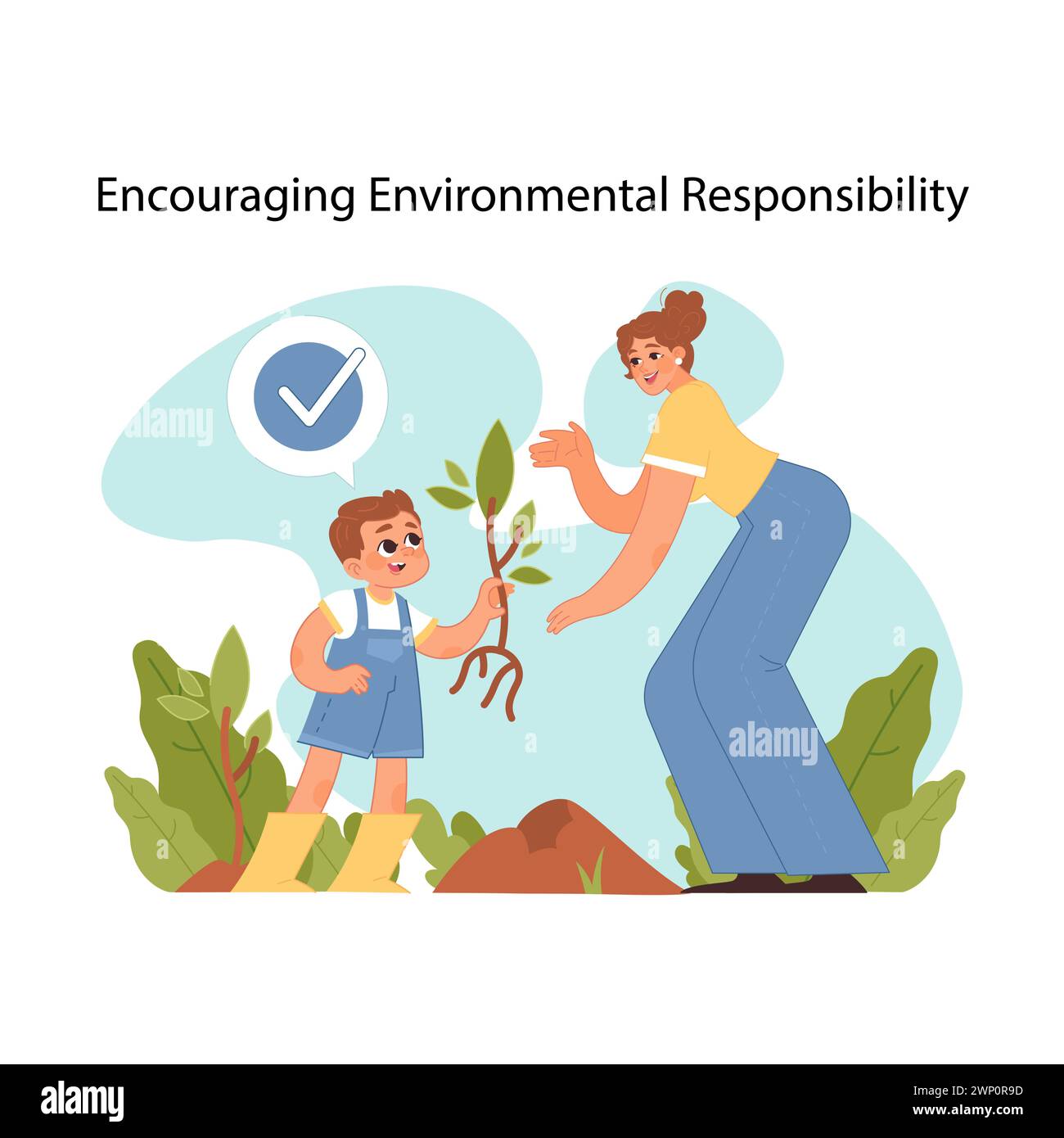 Environmental responsibility concept. Child learning to plant trees ...