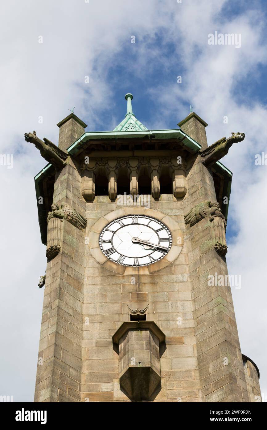 Detail of an Art Nouveau clock tower at Lindley near Huddersfield in ...