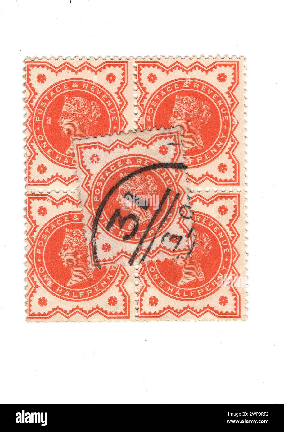 A montage of vintage Queen Victoria halfpenny postage stamps from Great ...