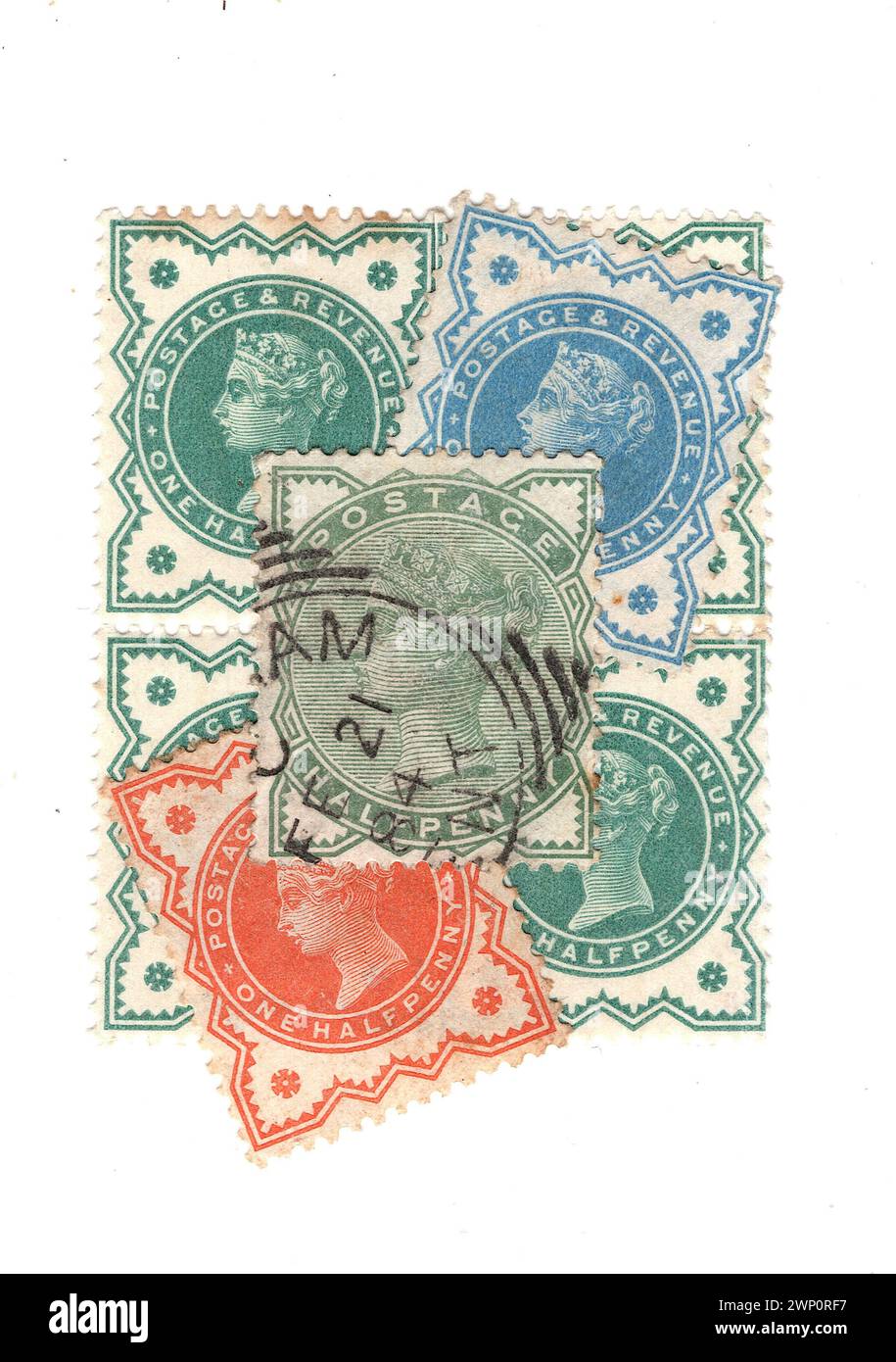 A montage of vintage Queen Victoria halfpenny postage stamps from Great ...
