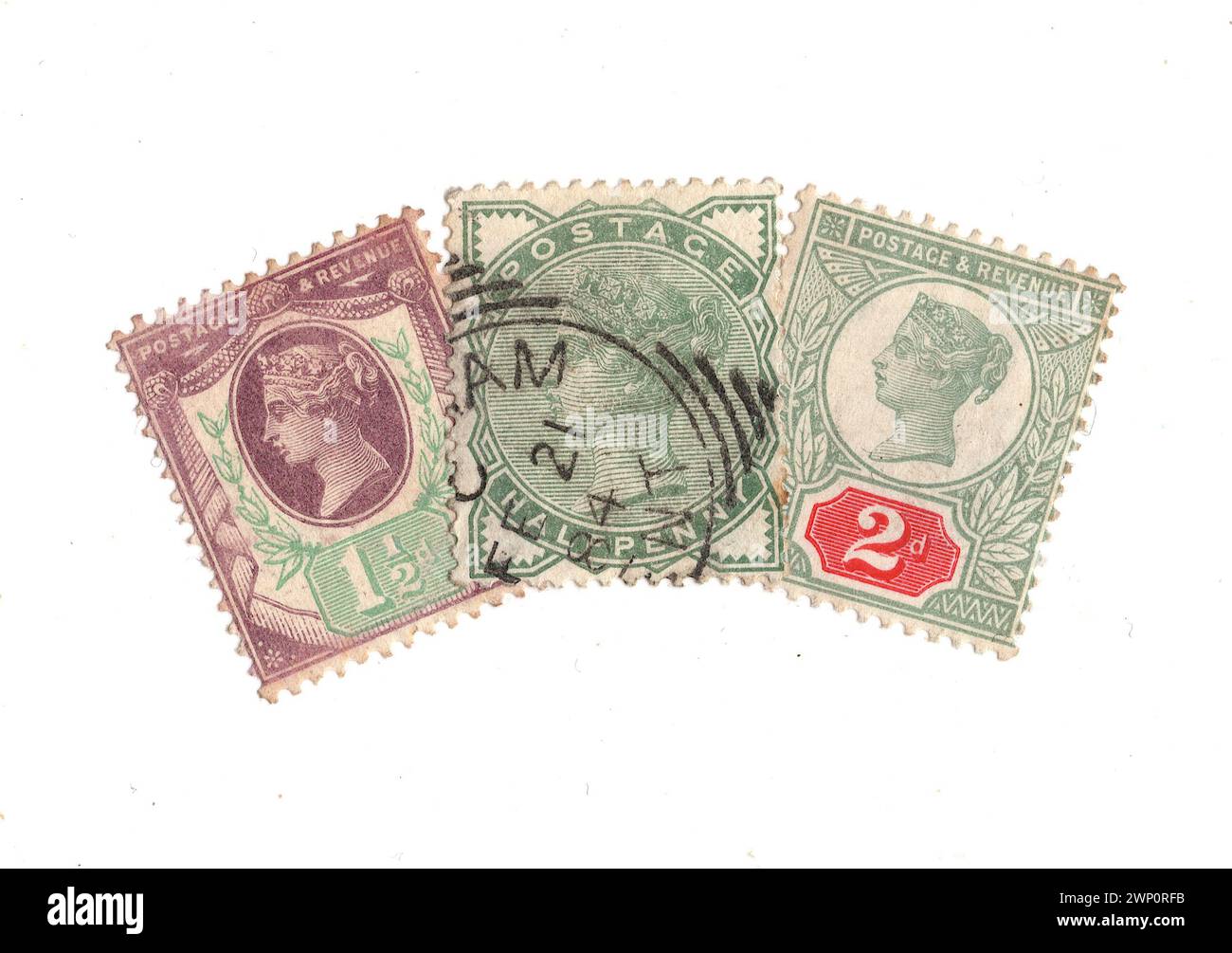 A montage of vintage Queen Victoria postage stamps from Great Britain ...