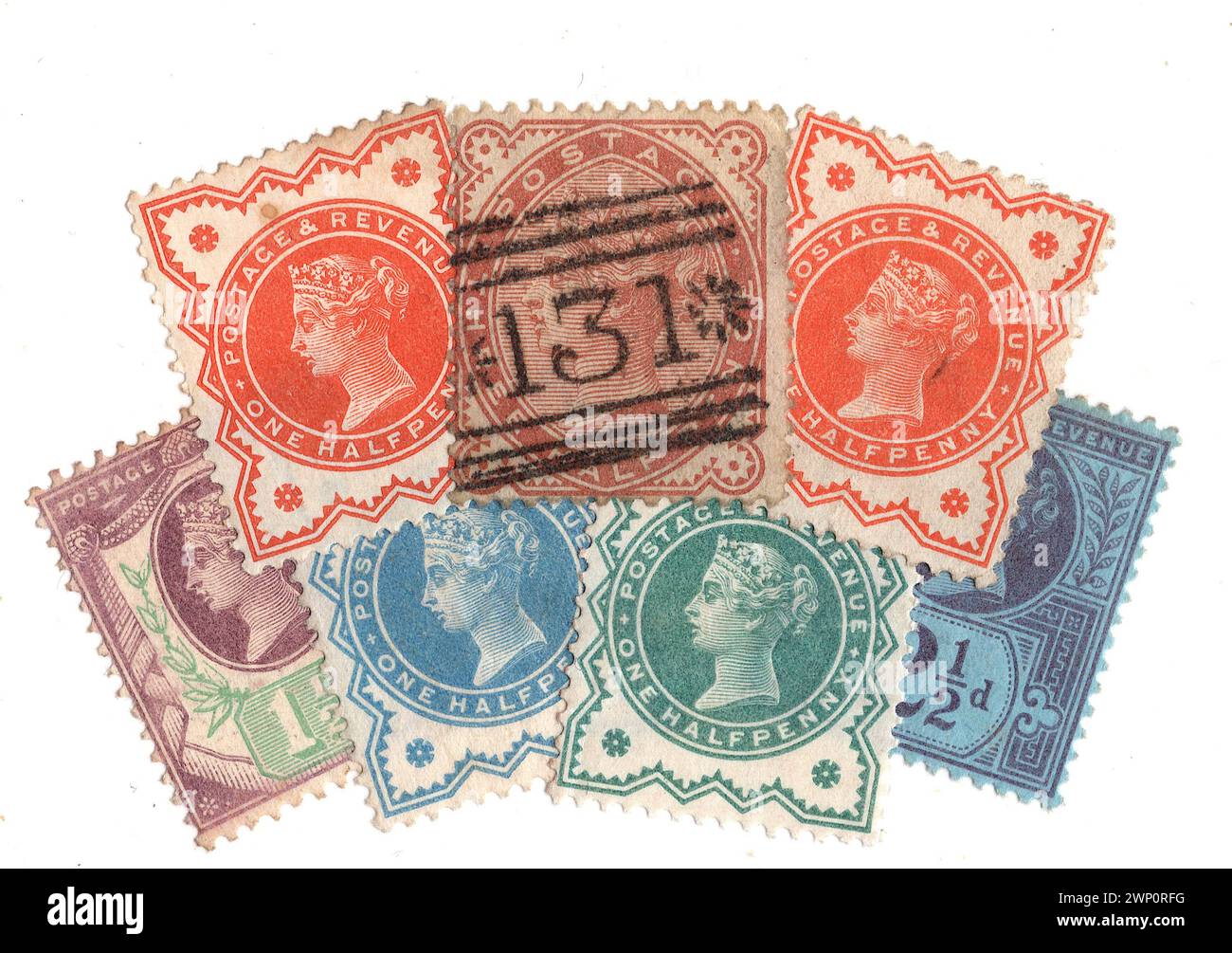 A montage of vintage Queen Victoria postage stamps from Great Britain ...